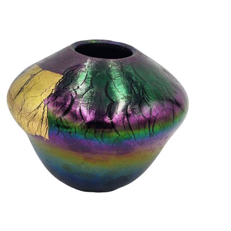 Robert Eickholt Glass Iridescent Art Vase Blown Glass Stretched Glass Blue Gold Foil Stunning
