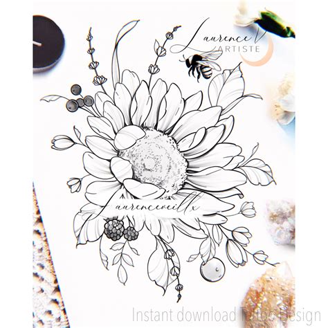 Tattoo Design Instant Download Sunflower Bee And Berries Tattoo