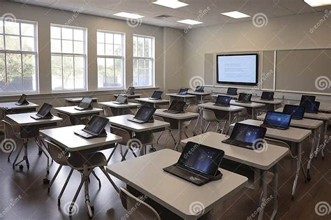 Modern Classroom With Laptops On Desks Bright And Empty Ready For