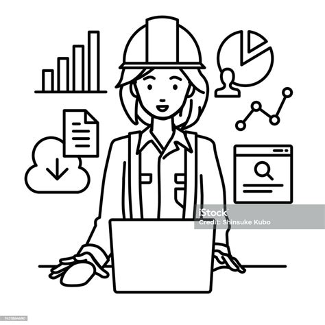 웹 사이트 검색 연구 클라우드 파일 공유 분석 및 책상에서 보고서를 만들기 위해 랩톱 컴퓨터를 사용하여 건설 현장에서 일하는 여성 건축가에 대한 스톡 벡터 아트 및 기타