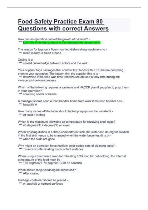 Food Safety Practice Exam 80 Questions With Correct Answers Food