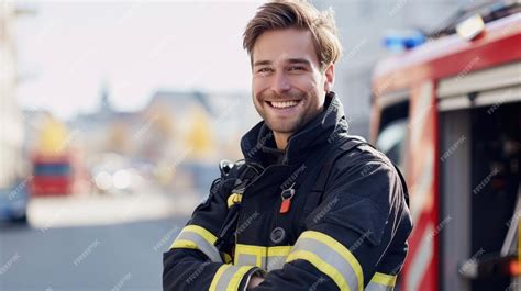 Portrait Of A Handsome Firefighter On Duty Facing The Camera Smiling