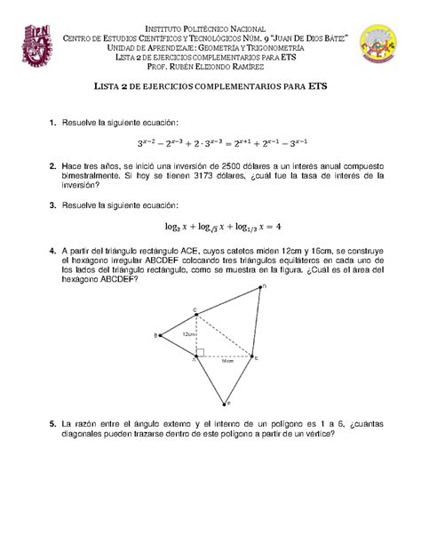 Lista 2 De Ejercicios Complementarios Para Ets De Gy T Instituto