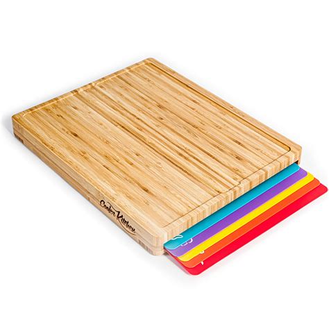 Easy To Clean Bamboo Wood Cutting Board Set With 6 Color Coded Flexible Cutting Mats With Food