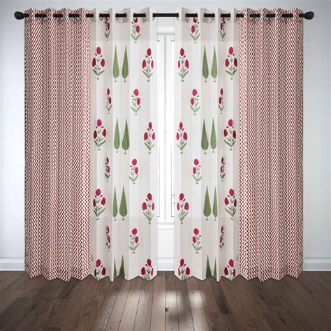 Wine Poppy And Green Cyprus With Maroon Zigzag Cotton Handblock Combo