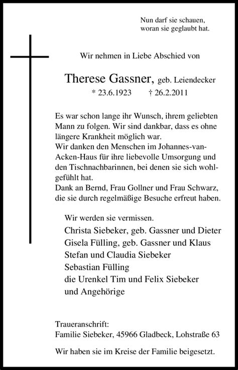 Traueranzeigen Von Therese Gassner Trauer In Nrwde