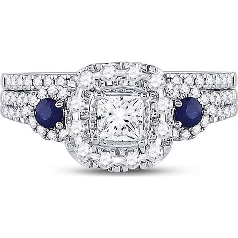 14k White Gold Princess Diamond Halo Bridal Wedding Ring Set With Blue