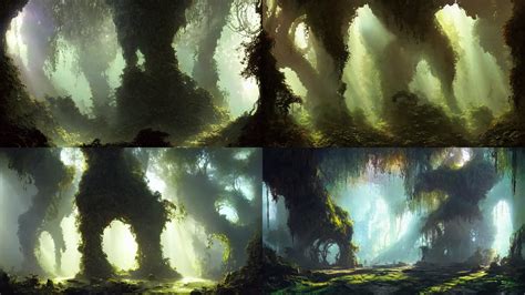 Dragon An Overgrown Forest Vine Covered Cave Stable Diffusion