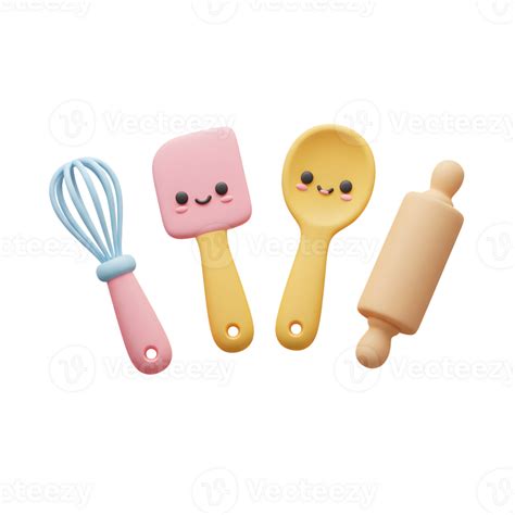 Cute Baking Utensils With Faces Whisk Spatula Spoon Rolling Pin Render 57530690 Png