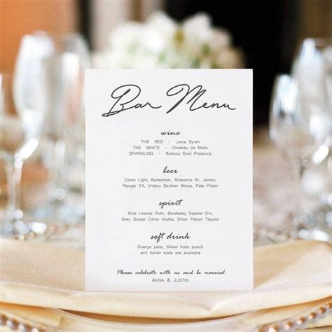 Script Calligraphy Wedding Drink Menu Card Printable Template Editable