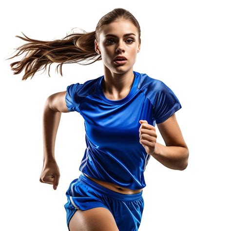 Young Woman Running In Blue Athletic Wear Against White Background