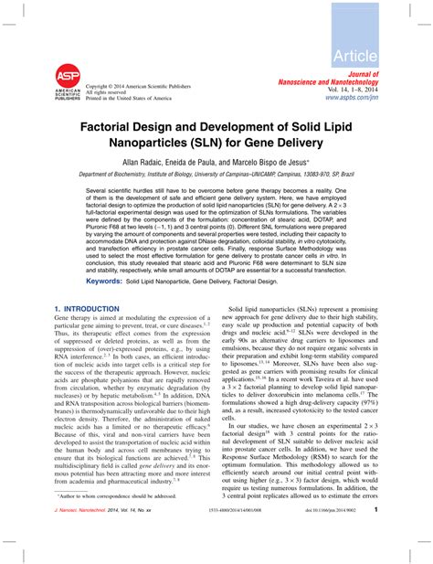 Pdf Factorial Design And Development Of Solid Lipid Nanoparticles Sln For Gene Delivery