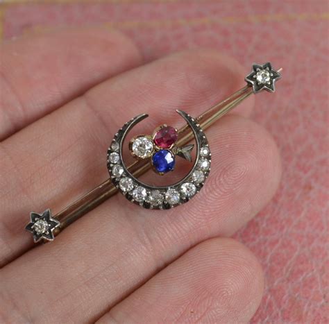 Rare Victorian Old Cut Diamond Ruby And Sapphire 15ct Gold Crescent Brooch For Sale At 1stdibs