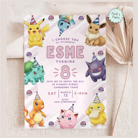 Pokémon Party Invite Editable Birthday Invitation Pink Purple Pikachu
