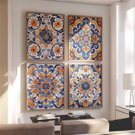 Spanish Tile Wall Art Blue Orange Mandala Set Of 4 Framed Canvas
