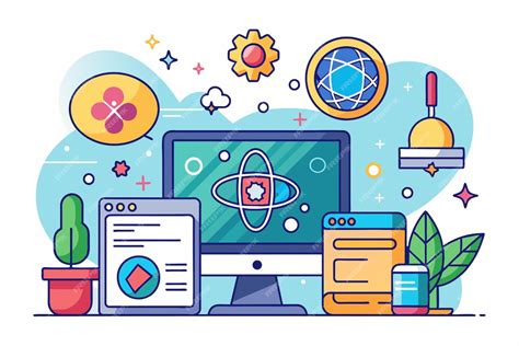 Illustration Of React Workspace With Computer Phone And Ui Elements