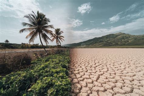 Lush Greenery Contrasts Barren Land Highlighting Dramatic
