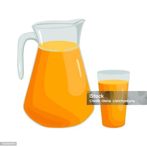 흰색 배경에 고립 된 유리와 유리 디켄터에 신선한 오렌지 주스 벡터 일러스트레이션 주스에 대한 스톡 벡터 아트 및 기타 이미지