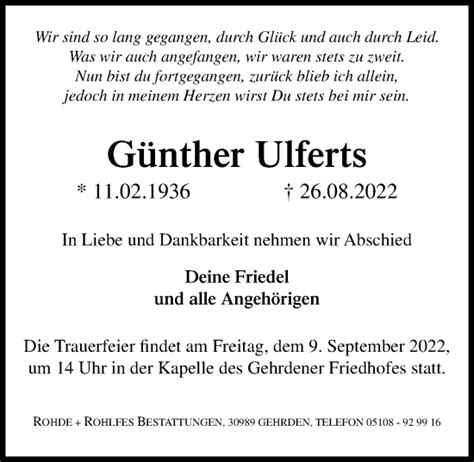 Traueranzeigen Von Günther Ulferts Trauer Anzeigende