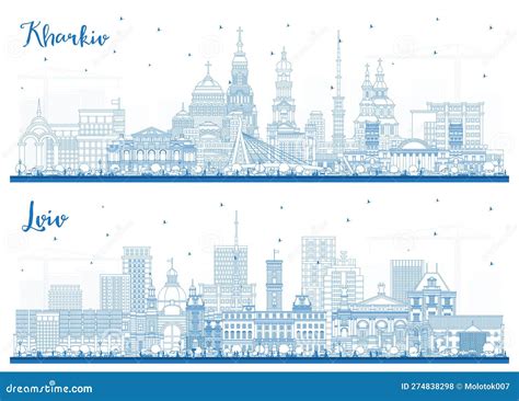Outline Lviv And Kharkiv Ukraine City Skyline Set With Blue Buildings