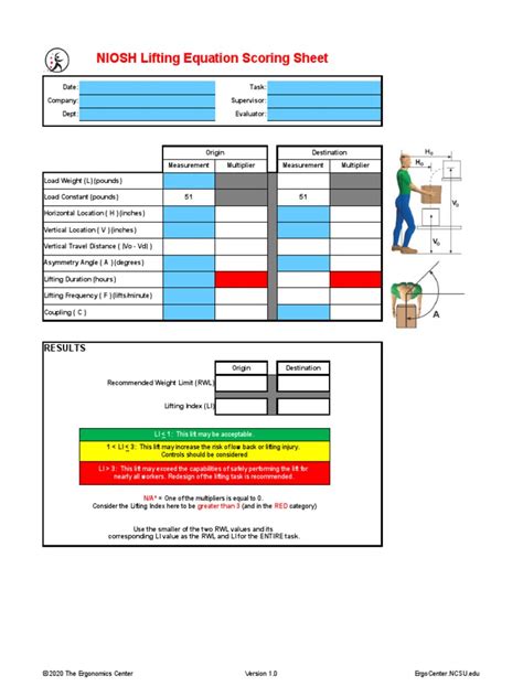Niosh Lifting Equation Scoring Sheet Results Pdf Nature Teaching
