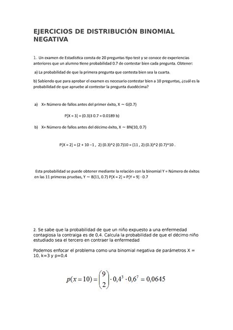 Ejercicios De Distribución Binomial Negativa Peb Curso 2122 Ejercicios De DistribuciÓn
