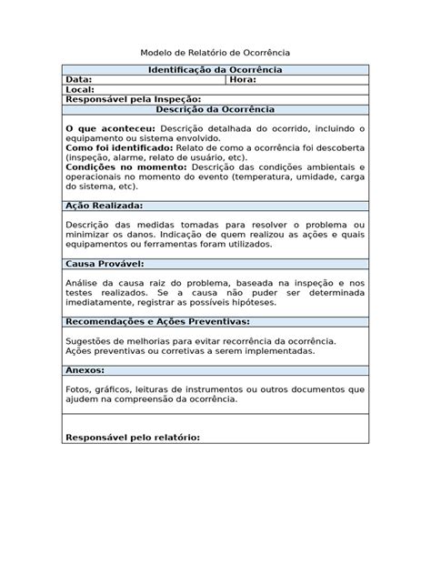 Modelo De Relatório De Ocorrência Pdf