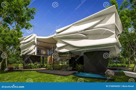3d Rendering Of Modern House With Bionic Natural Curves Plastic Forms