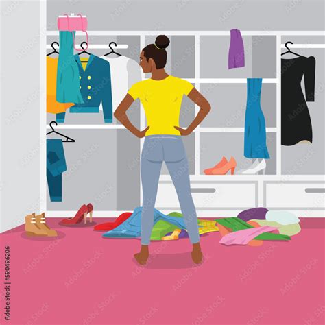 Woman In Front Of Messy Untidy Wardrobe Mess And Chaos In Open Closet Person Looking Inside