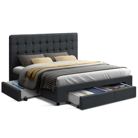 Artiss Double Size Fabric Bed Frame Headboard With Drawers Charcoal