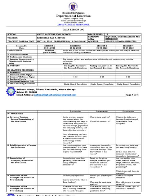Inquiries Wk1 Daily Lesson Log Template 2023 Shs 2 Pdf