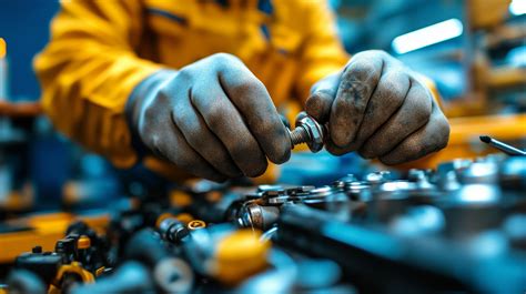Skilled Worker Assembling Machinery Components In Workshop With Focus On Bolts And Tools