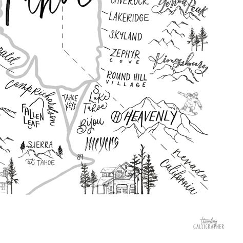 Lake Tahoe Map Print Handlettered Map Of Lake Tahoe Lake Etsy