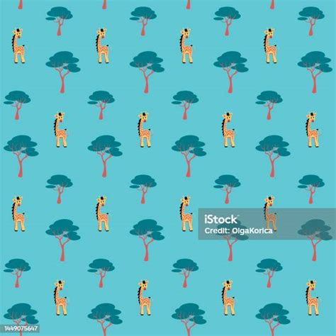 사바나 블루 옐로우 이음새가 없는 무늬의 기린이 있는 키즈웨어 무늬 0명에 대한 스톡 벡터 아트 및 기타 이미지 0명