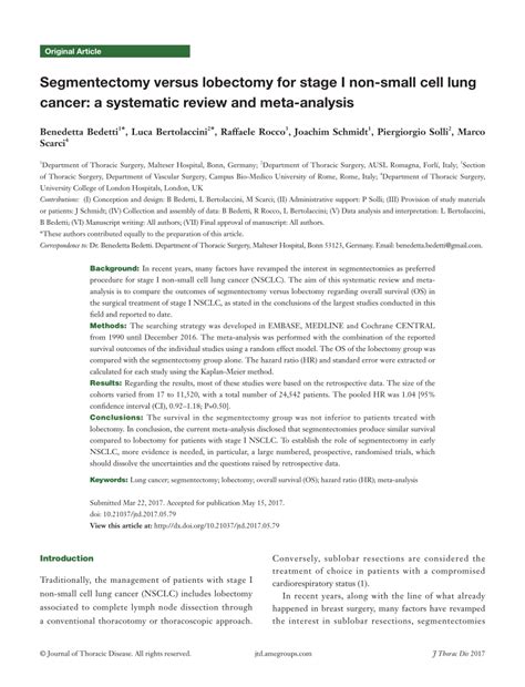 Pdf Segmentectomy Versus Lobectomy For Stage I Non Small Cell Lung Cancer A Systematic Review