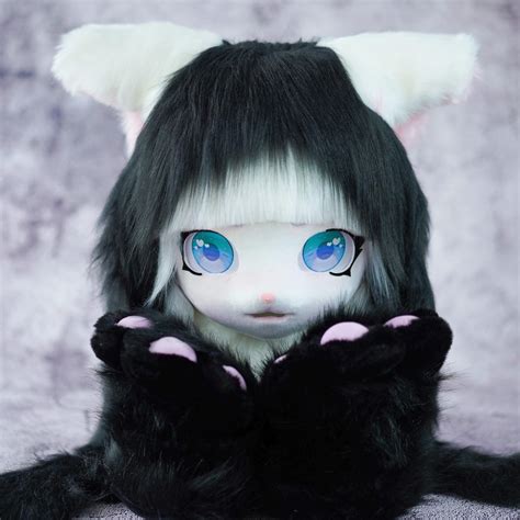 Blackandwhite Kigurumi Fursuit Head Mask With Follow Me Eyes Handpaws Set