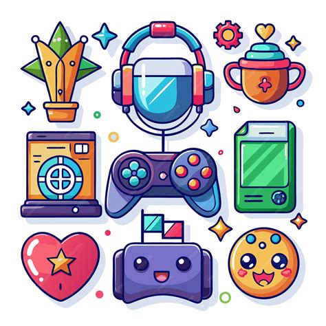 Cute Cartoon Icons Representing Various Elements Of Gaming Including