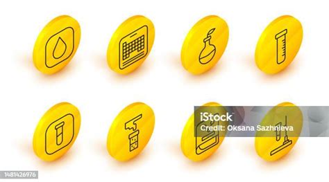 세트 라인 테스트 튜브 플라스크에 불 화학 책 그리고 식물 육종 주기율표 및 물방울 아이콘 벡터 3차원 형태에 대한 스톡 벡터