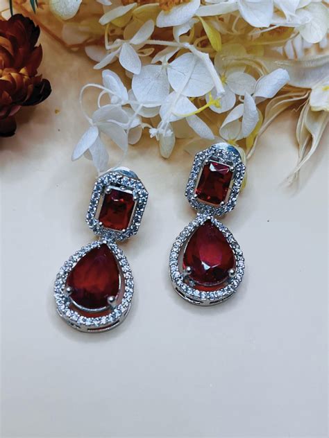 Premium Quality Red American Diamond Earrings Online Arzzbyfarha