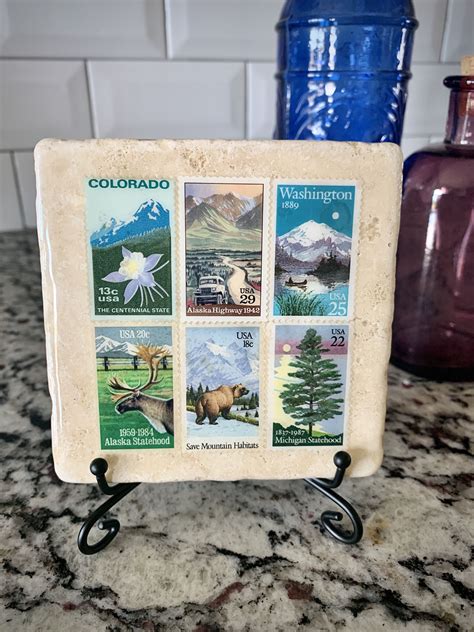 Colorado Tiles And Coasters Moose Decor Bear Decor Vintage Postage Stamps