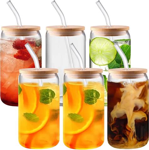 Moretoes Smoothie Cup 6pcs 16oz Glass Cups With Lids And