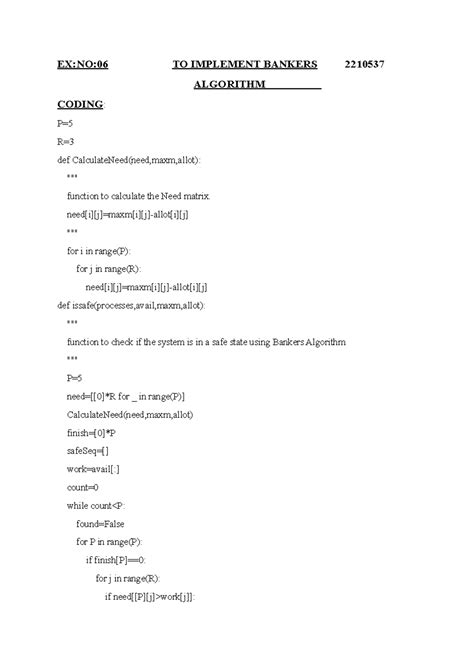 Operating System Exno06 To Implement Bankers 2210537 Algorithm