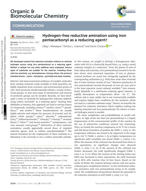 Pdf Hydrogen Free Reductive Amination Using Iron Pentacarbonyl As A