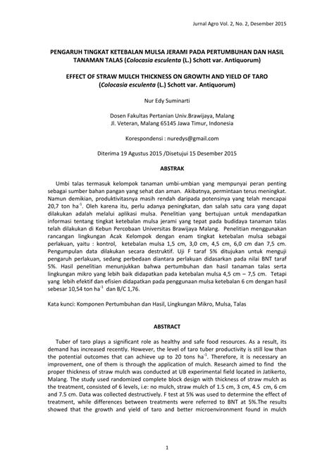 Pdf Pengaruh Tingkat Ketebalan Mulsa Jerami Pada Pertumbuhan Dan Hasil Tanaman Talas