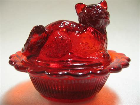 2 Pc Ruby Red Glass Cat Kitten On Nest Basket Salt Cellar Dip Kitty