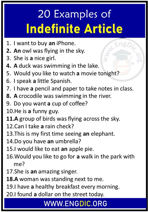 20 Examples Of Indefinite Articles In Sentences Engdic