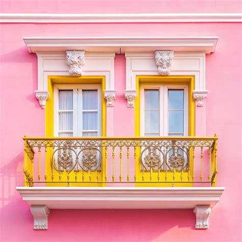 A Pink Building With A Yellow Balcony And A Yellow Balcony Premium Ai