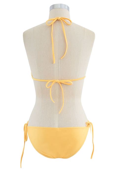 Self Tied String Halter Bikini Set In Yellow Retro Indie And Unique Fashion