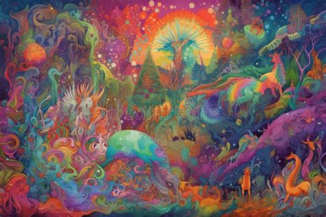 Psychedelic Fantasy Scene With Dragons And Unicorns In A Magical Land