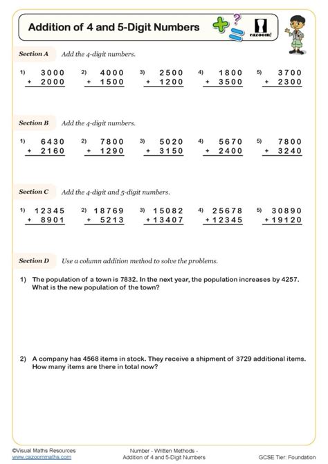 Addition Of 4 And 5 Digit Numbers Worksheet Cazoom Maths Worksheets